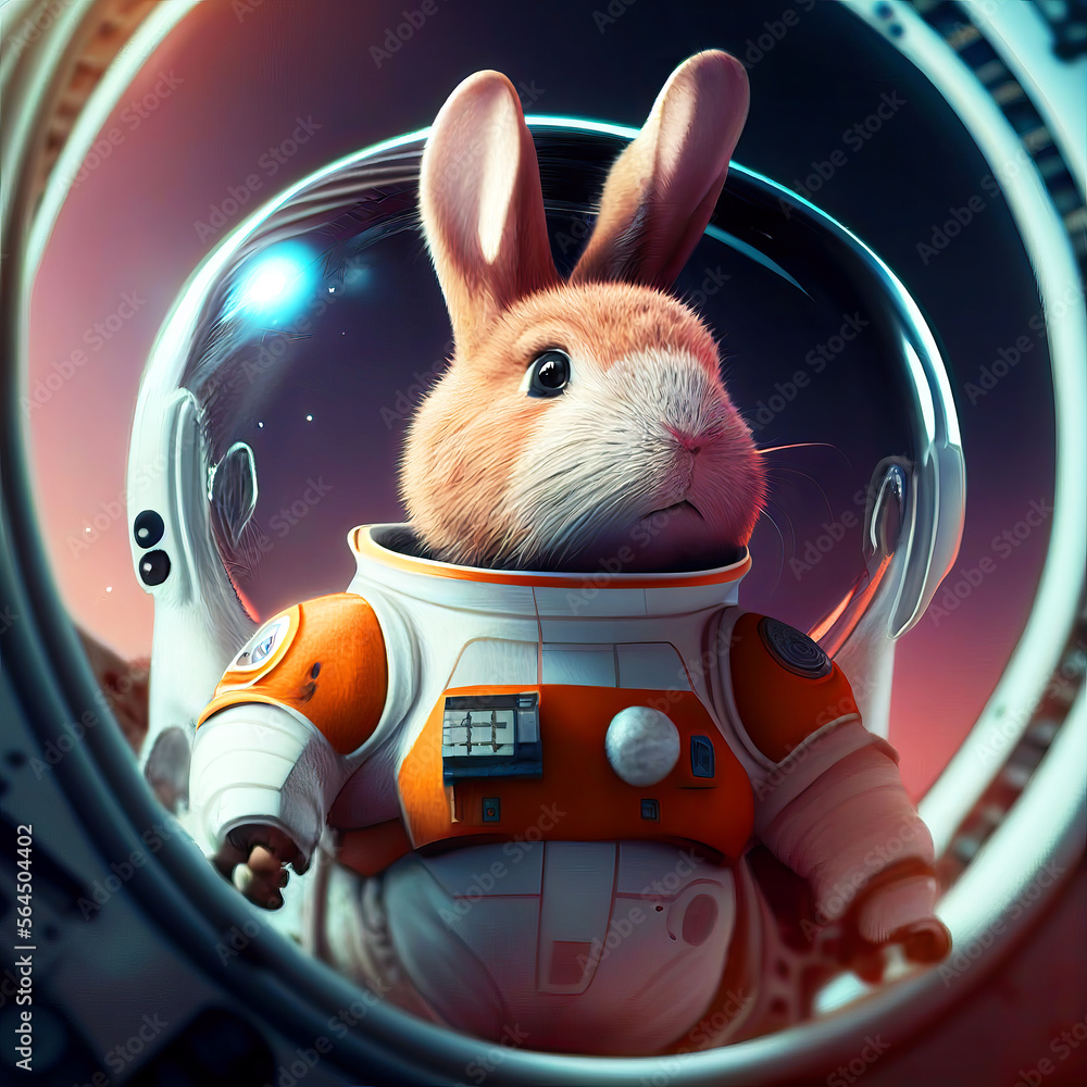 Funny Rabbit wear space suit floating in the space generative ai ...