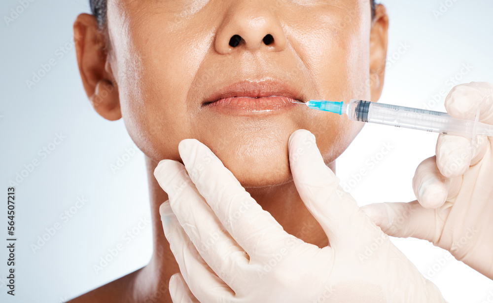 Injection, plastic surgery and lip filler on woman face for cosmetics ...