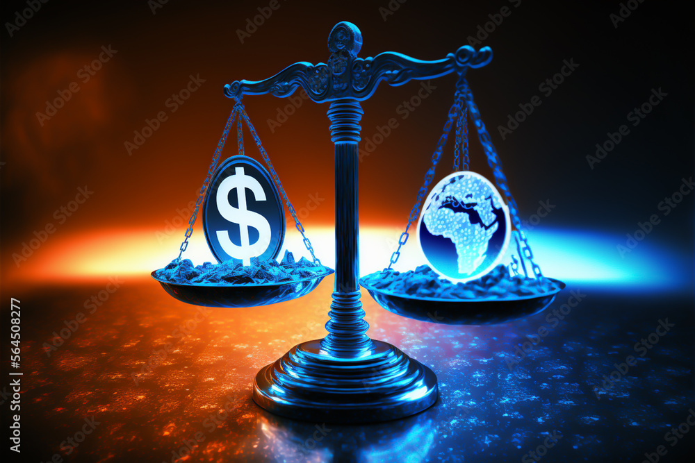 Money and planet Earth are being weighed in bowls on a scale to measure ...