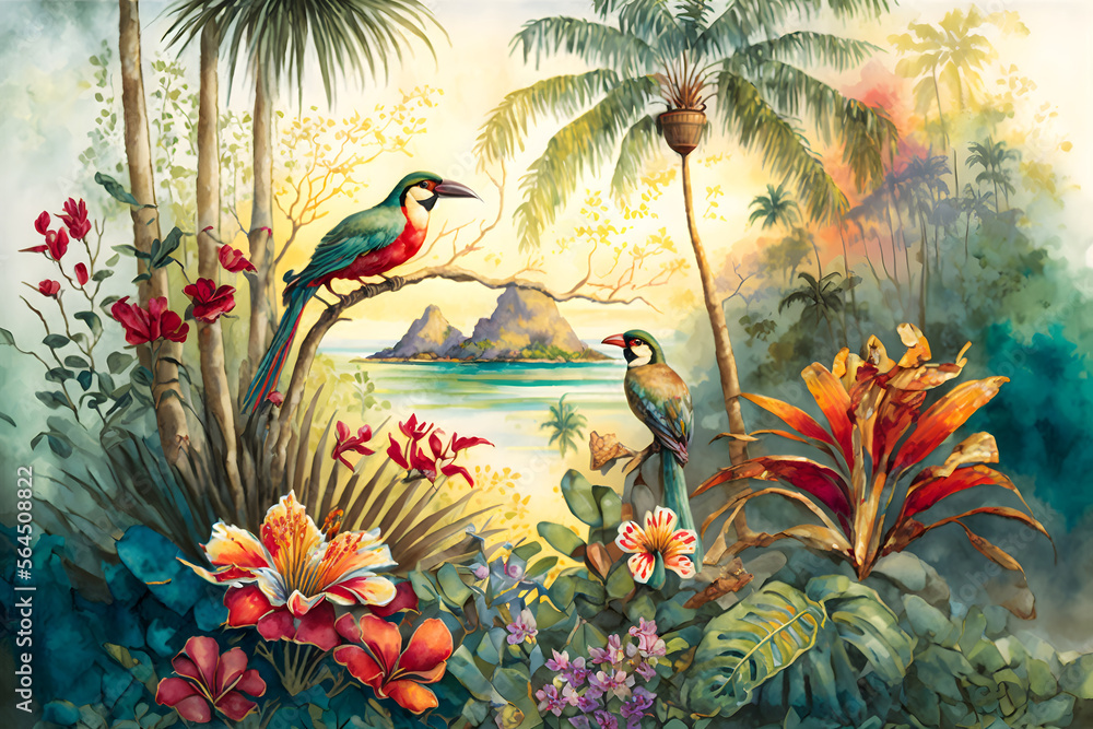 Tropical Paradise wallpaper. trees and birds with detailed watercolor ...