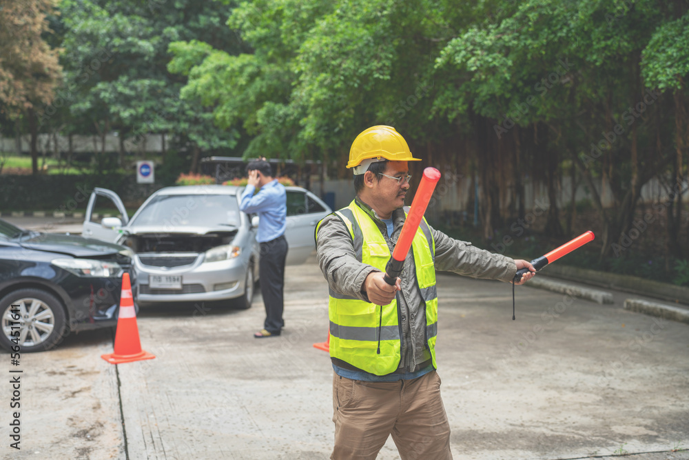 Traffic Man directing traffic after Crash Accident on the Road. Traffic ...