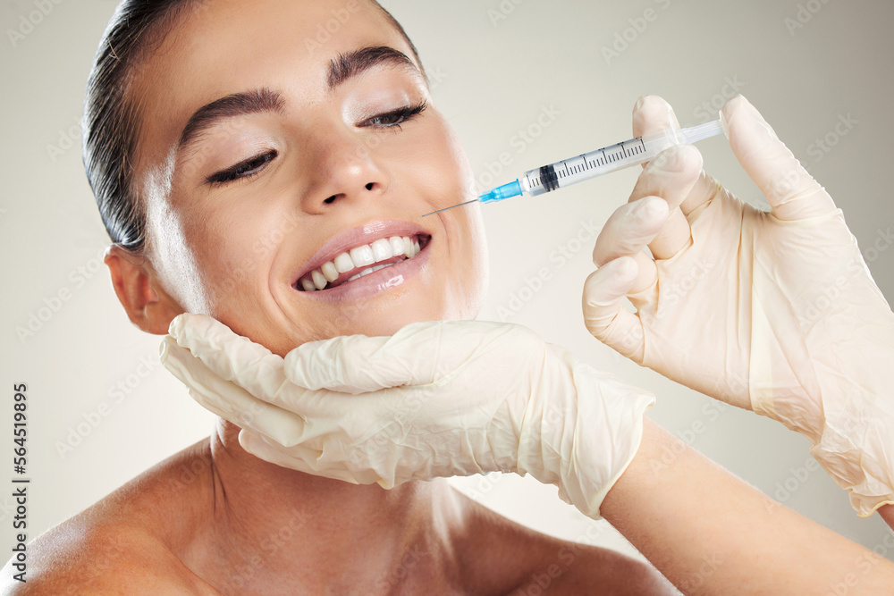 Smile, beauty and woman with injection in lips from healthcare ...
