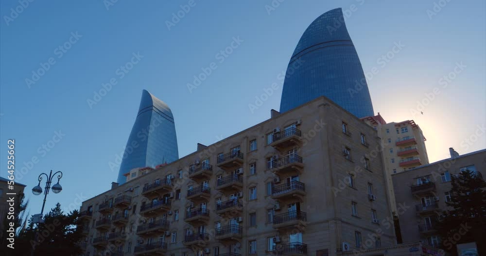 Azerbaijan, Baku. The famous tall skyscrapers of the Flame Towers ...