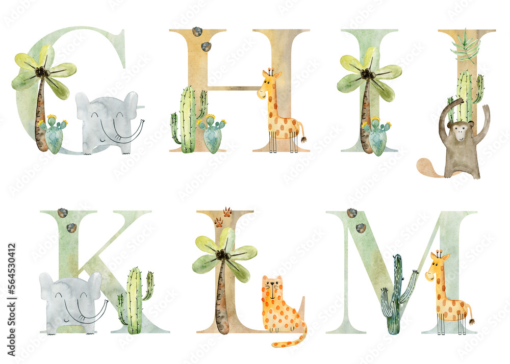 Watercolor safari animals letters for invitation card, nursery poster ...