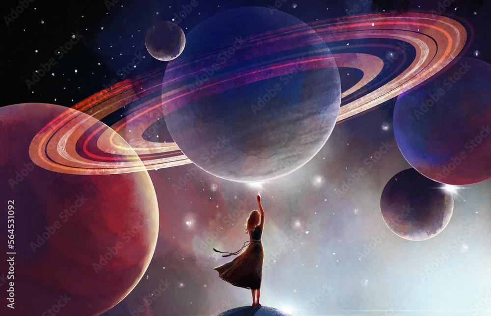 Space background for astrology, a woman touches the planet. Futuristic ...