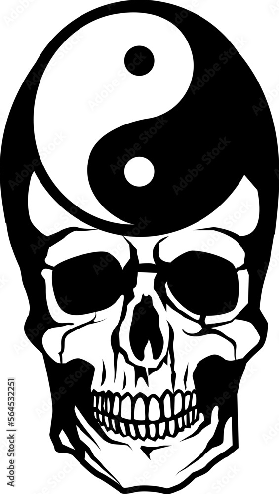 Monochrome Vector Image Of A Skull With Yin-Yang Sign, Isolated On ...