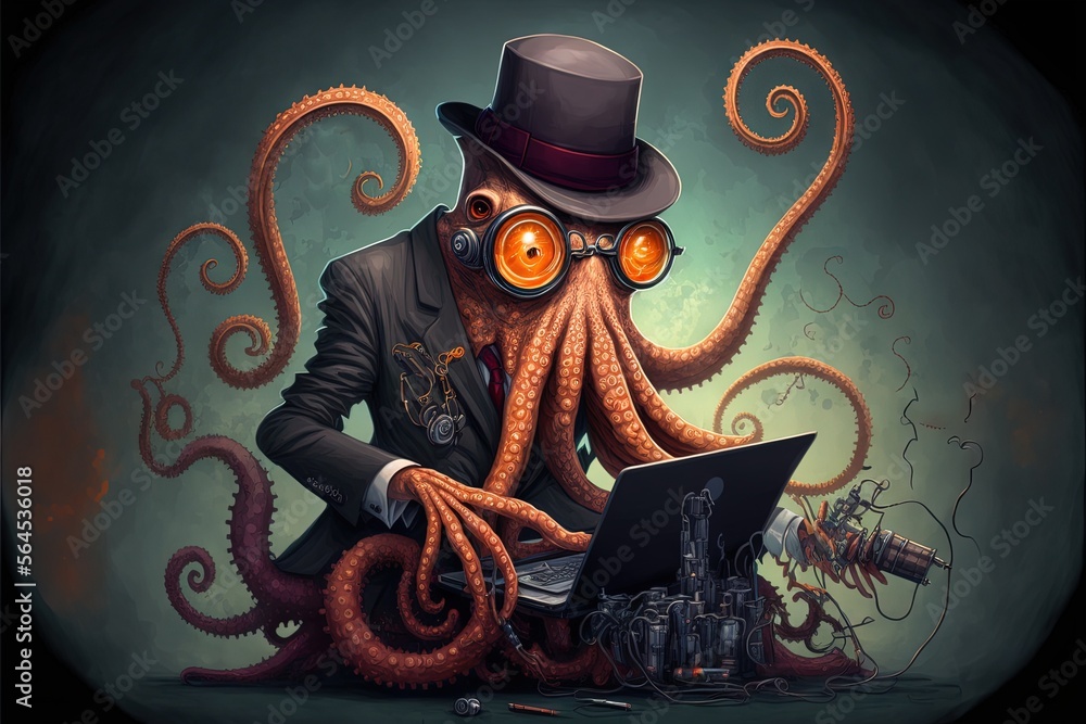 Octopus secret agent using many gadgets with tentacles generative ai ...