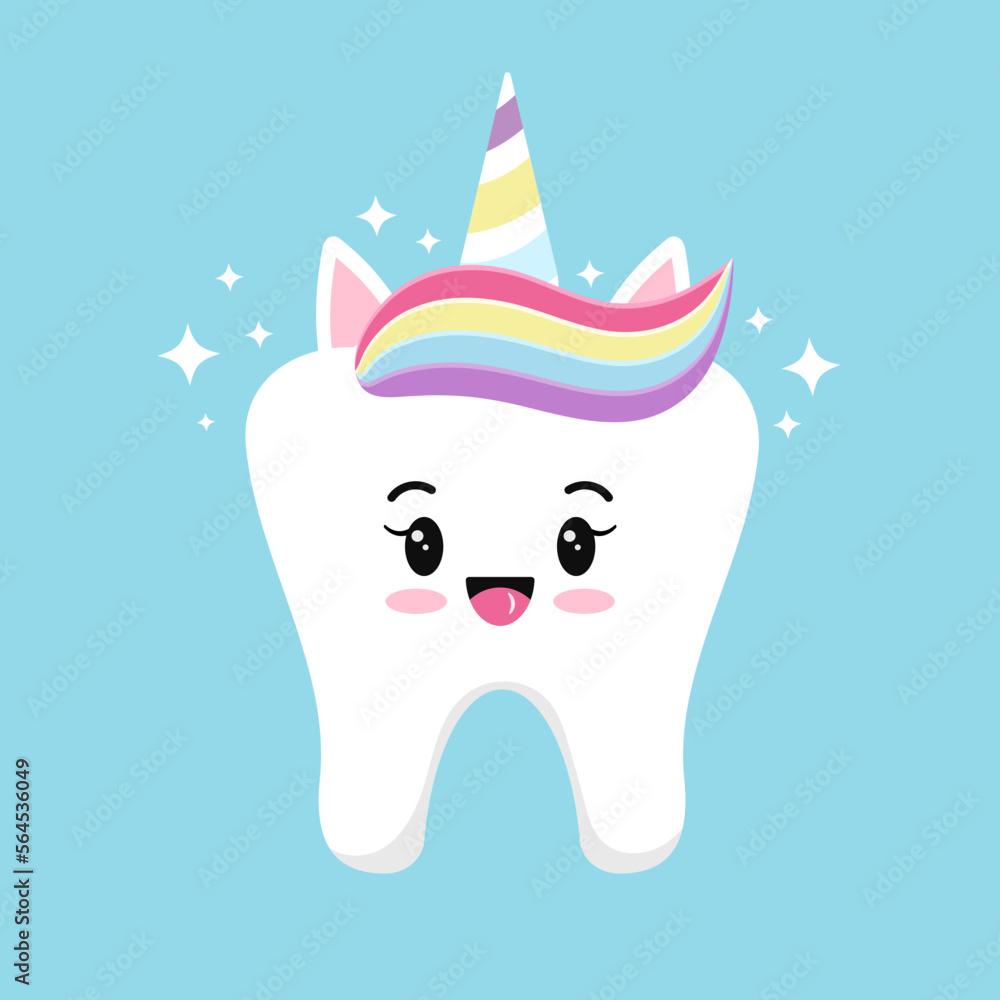 Cute tooth unicorn emoji girl with rainbow paste and horn on head and ...