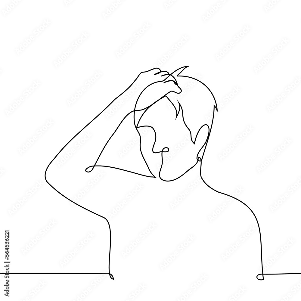 man running his hand through his hair - one line drawing vector. the ...