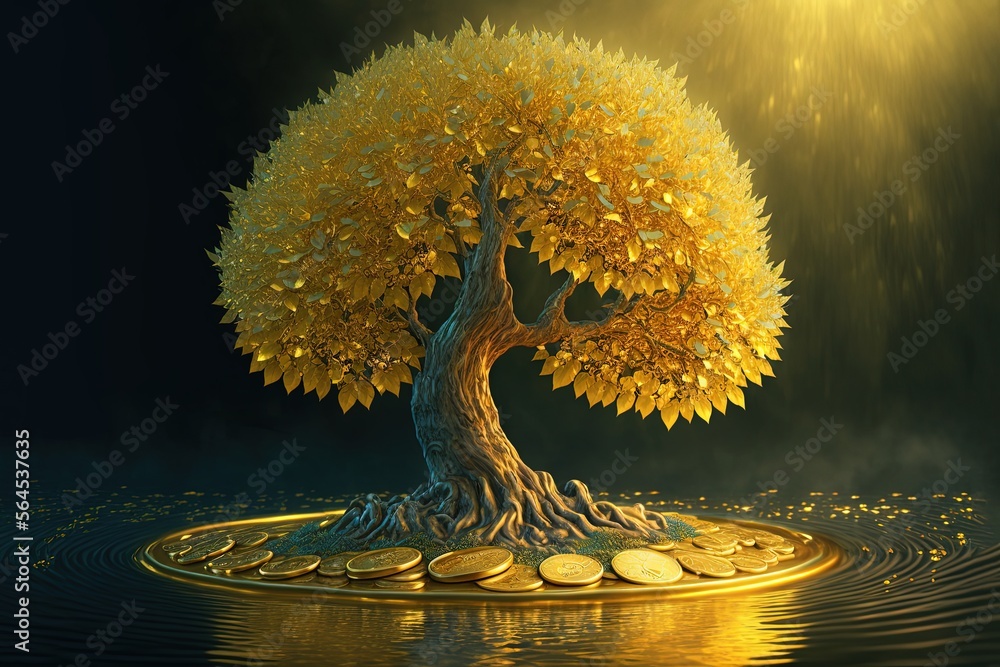 illustration of golden bonsai tree with gold leaves, idea for wealth ...