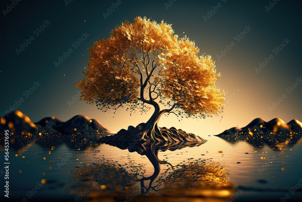 illustration of golden bonsai tree with gold leaves, idea for wealth ...