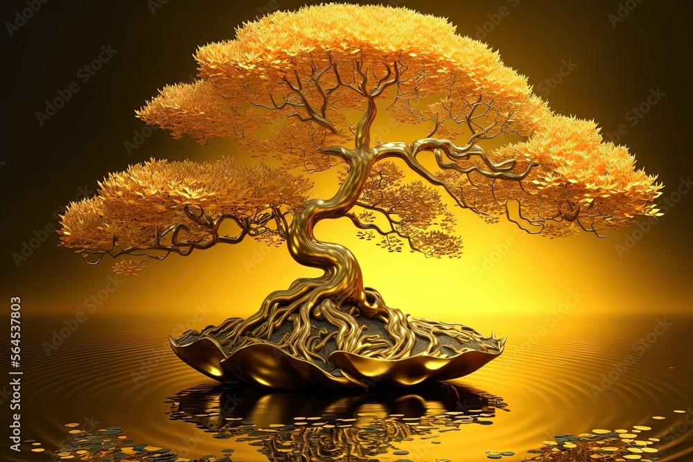 illustration of golden bonsai tree with gold leaves, idea for wealth ...