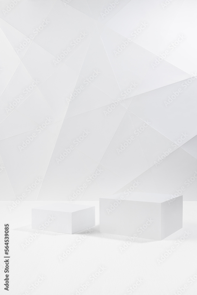 White modern stage with two square podiums in hard light mockup in ...