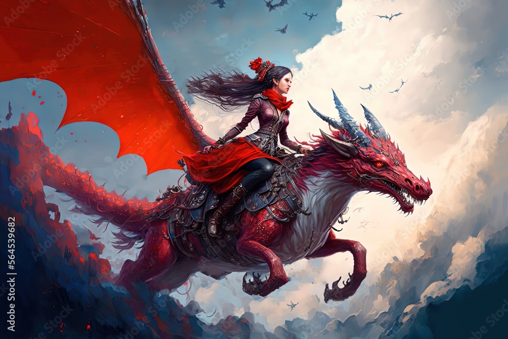 woman warrior is riding red dragon and take flight on sky Generative Ai ...