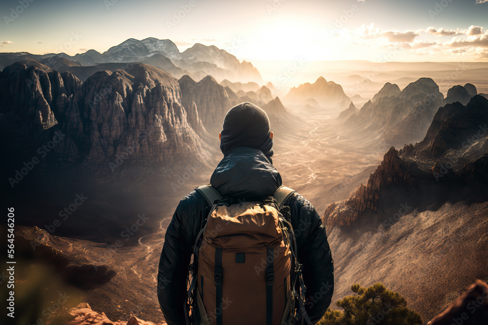 backside of a hiker looking at mountains and valley, ai generated Stock ...