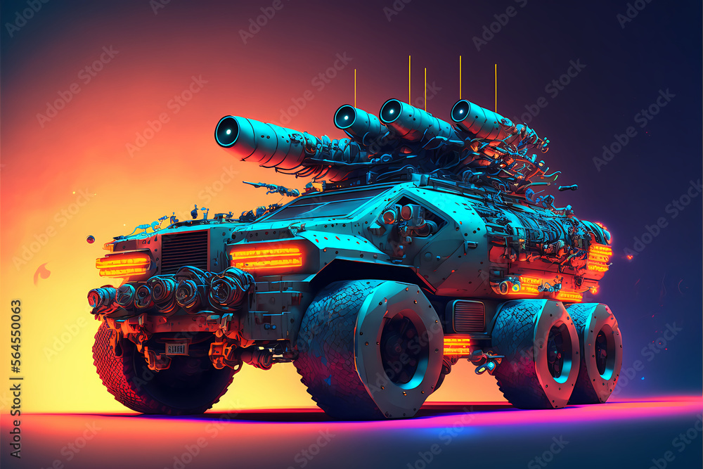 high-tech armored car with a large minigun machine gun on a bright ...