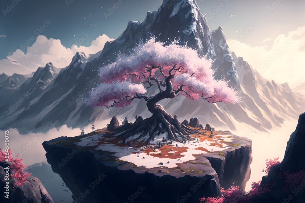 Beautiful and epic concept art of a lush sakura tree sitting on top of ...