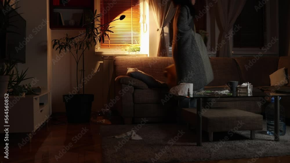 Psychology and mental disorder. Drunk young Caucasian grubby woman sits ...