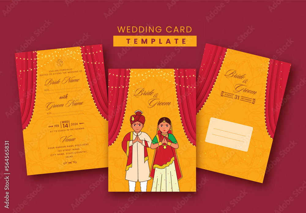Hindu Wedding Invitation Card Layout with Bride and Groom Character ...