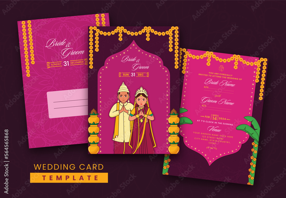 Hindu Wedding Invitation Card Layout with Bride and Groom Character ...