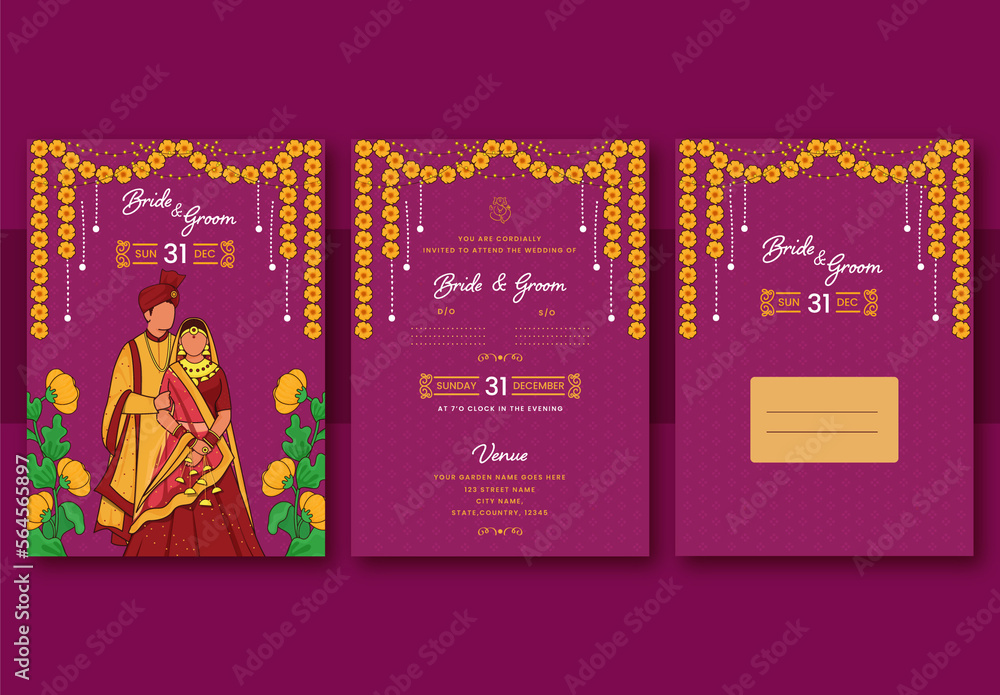 Hindu Wedding Invitation Card Layout with Bride and Groom Character ...