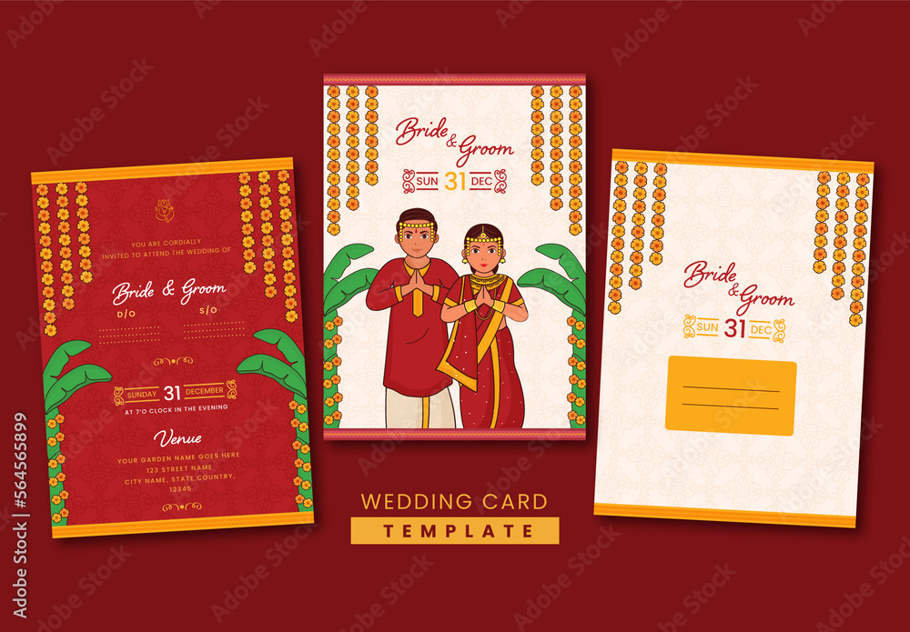 Hindu Wedding Invitation Card Layout with Bride and Groom Character ...