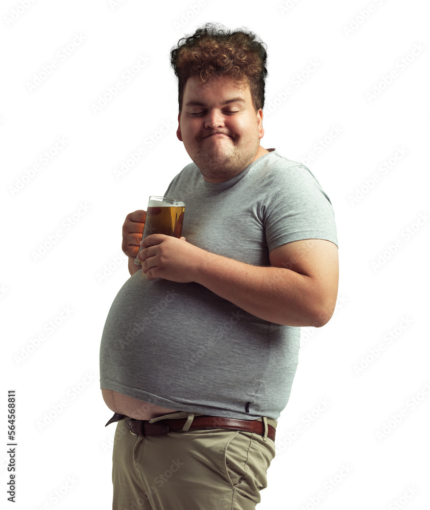 An overweight man looking content while balancing his beer on his ...