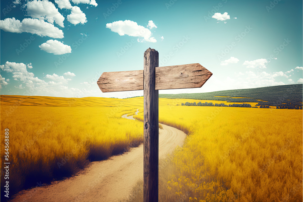 Signpost arrows in yellow field showing two different courses, left and ...