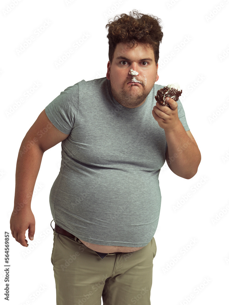 An overweight man messily eating a slice of cake isolated on a PNG ...