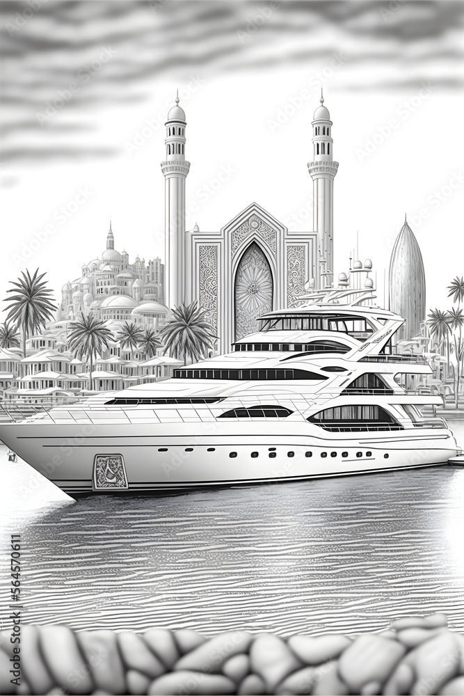 white yacht Yas Abu Dhabi Mar white on the background of the coast with ...