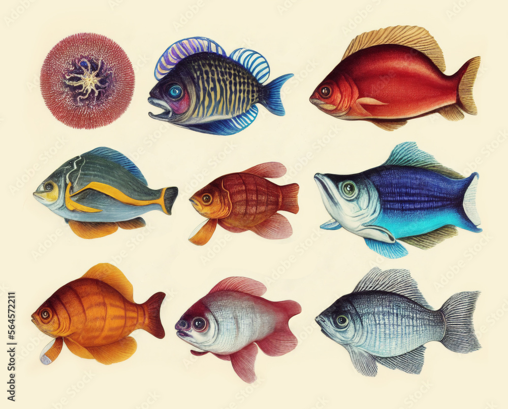 Vintage sea, ocean life poster, collection of fishes from the 19th ...