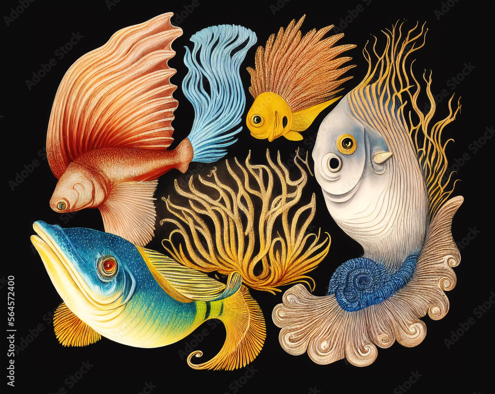 Vintage sea, ocean life poster, collection of fishes from the 19th ...