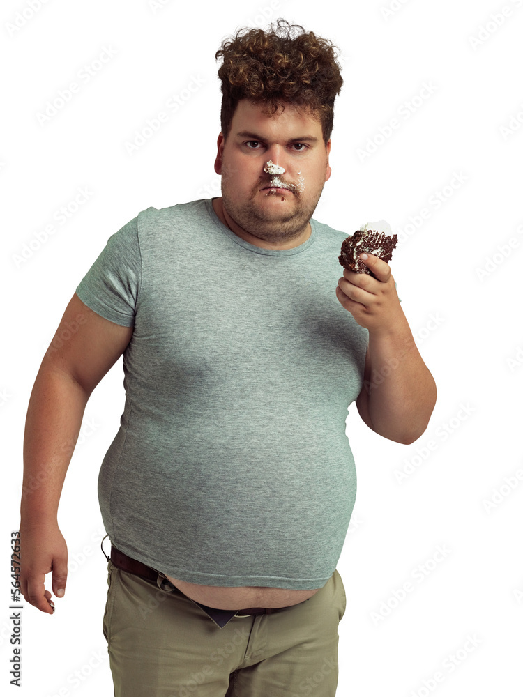 An overweight man messily eating a slice of cake isolated on a PNG ...