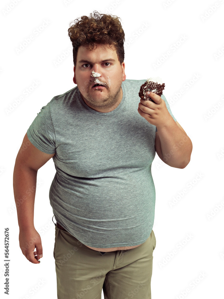 An overweight man messily eating a slice of cake isolated on a PNG ...