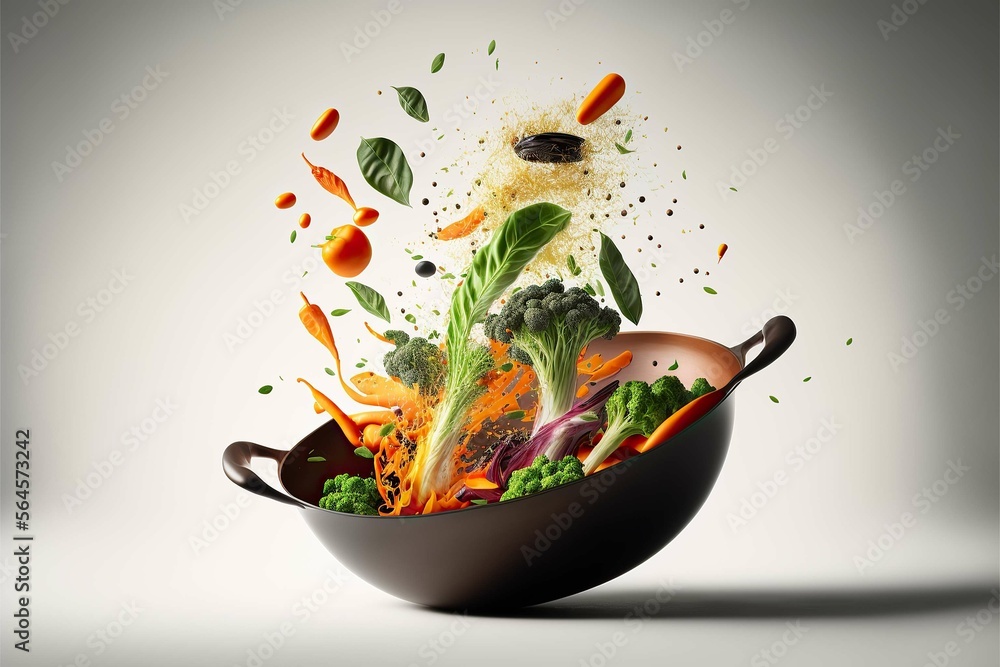 Cooking concept. Vegetables flying out of the pan isolated on white ...