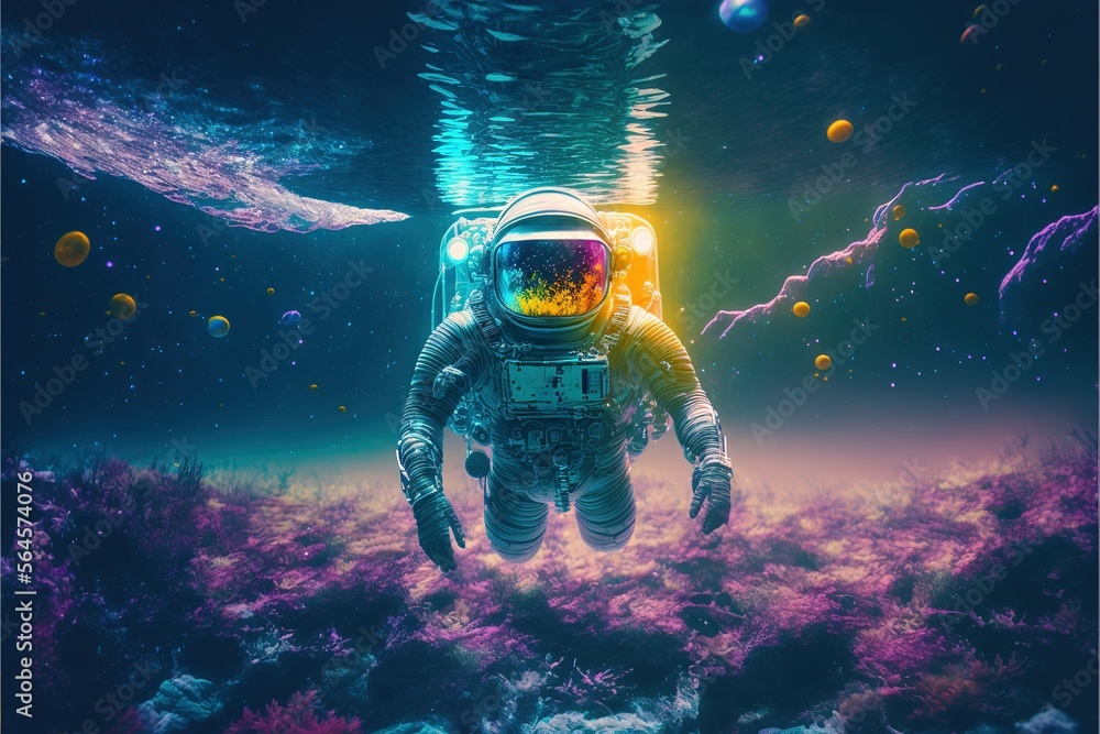 Astronaut swimming in the nebula water and stars with neon light effects. Astronaut in the water ...