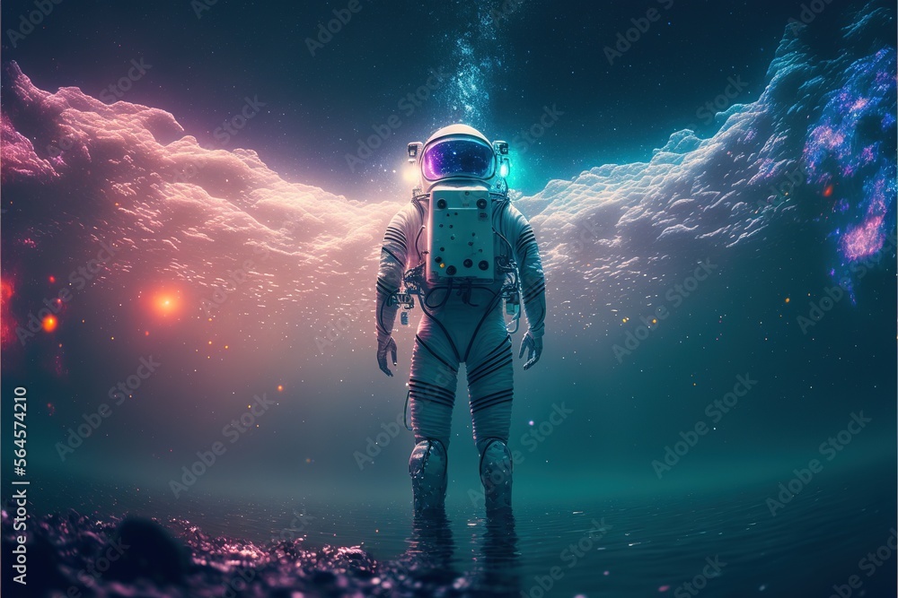 Astronaut swimming in the nebula water and stars with neon light ...