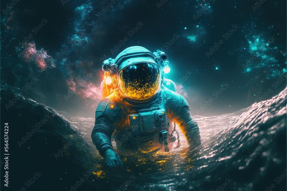 Astronaut swimming in the nebula water and stars with neon light ...