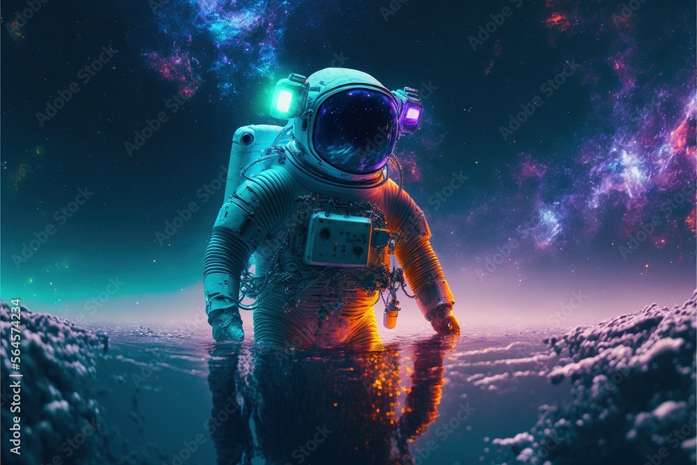 Astronaut swimming in the nebula water and stars with neon light ...