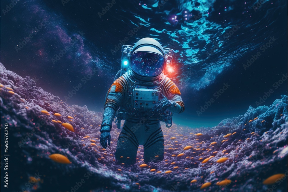 Astronaut swimming in the nebula water and stars with neon light ...