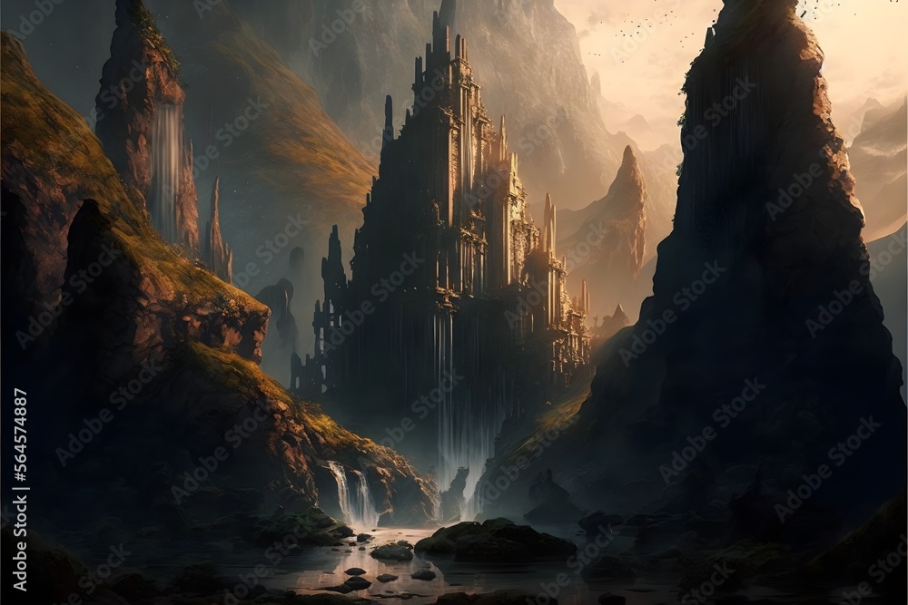 dwarven city4 glowing waterfall2 vast landscape3 epic scale bright ...