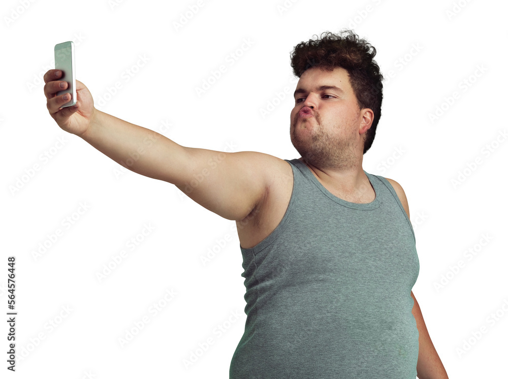 An overweight man taking a selfie while pouting isolated on a PNG ...