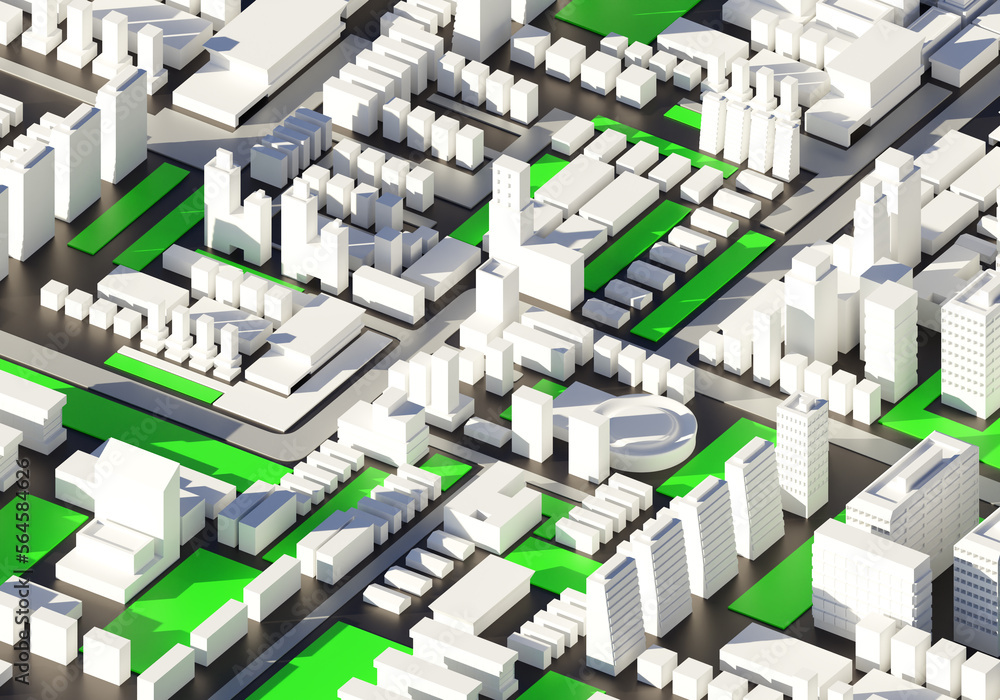 Urban architectural project. City model top view. Visualization of urban background. City map ...