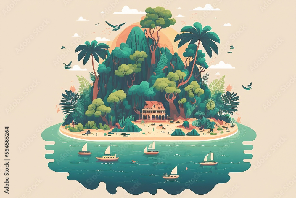 Cartoon style illustration of a little island in the sea- AI generative ...