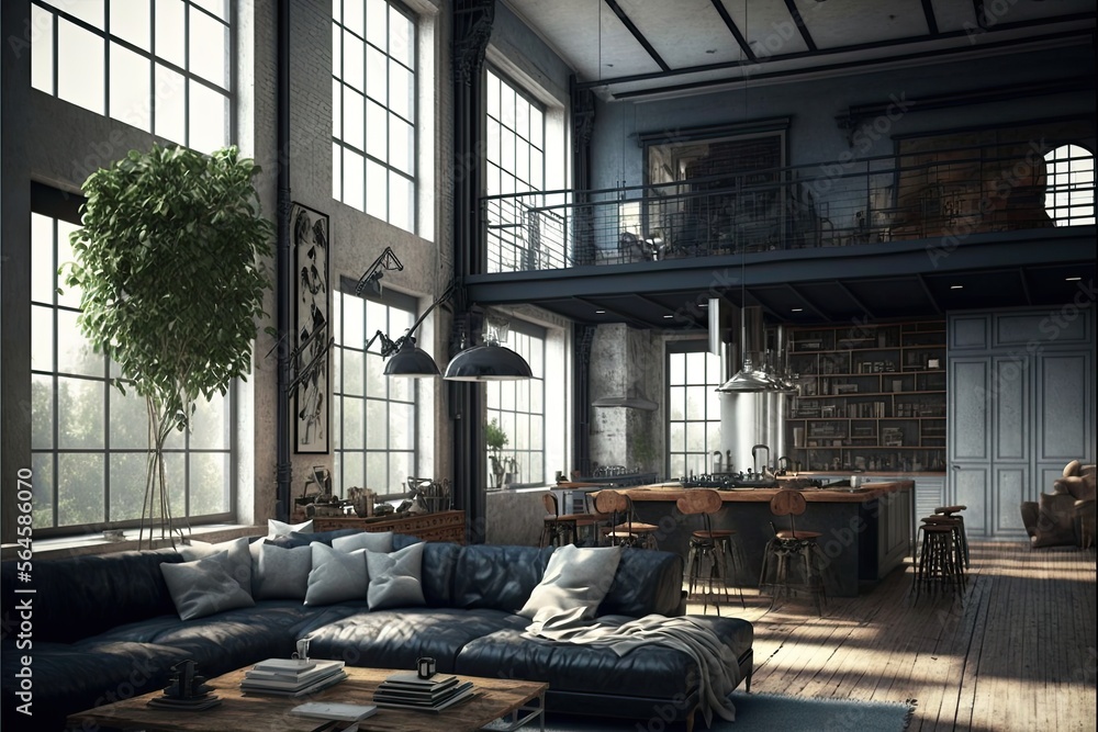 Industrial-style loft with high ceilings and exposed ductwork ...