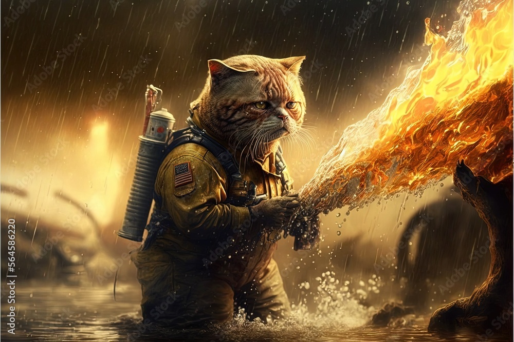 cat in a fireman suit and outfit in action against fire illustration ...