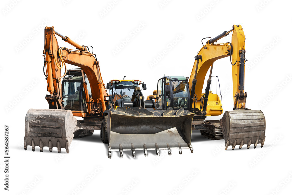 Two crawler excavators and bulldozer loader close-up on a white ...
