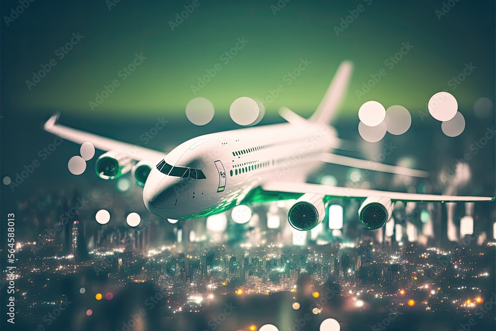 Generative AI modern green and white sustainable plane flying high on ...