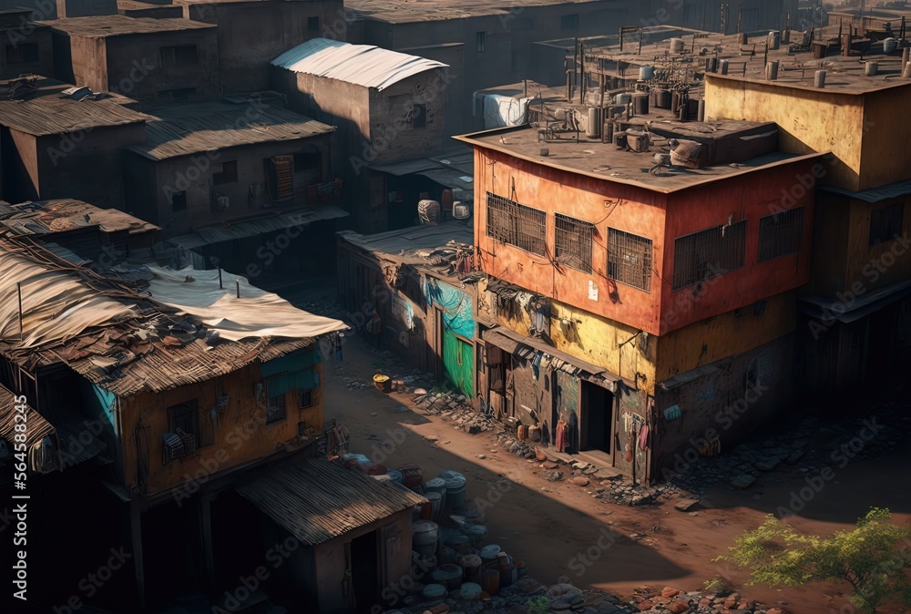 illustration of Slum landscape with high population cluster of home and ...