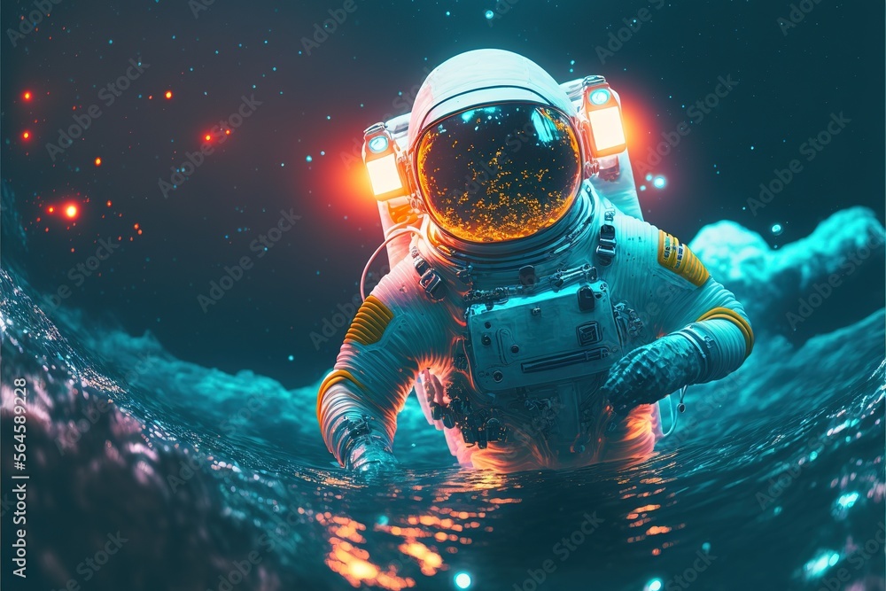 Astronaut swimming in the nebula water and stars with neon light ...